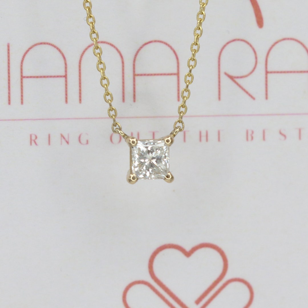 Princess Cut Necklace, Genuine Princess Diamond Necklace, 16" Necklace ...