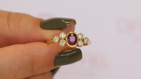 Red Ruby & Diamonds Gold Ring Oval Ruby Ring Two Gemstones - Etsy