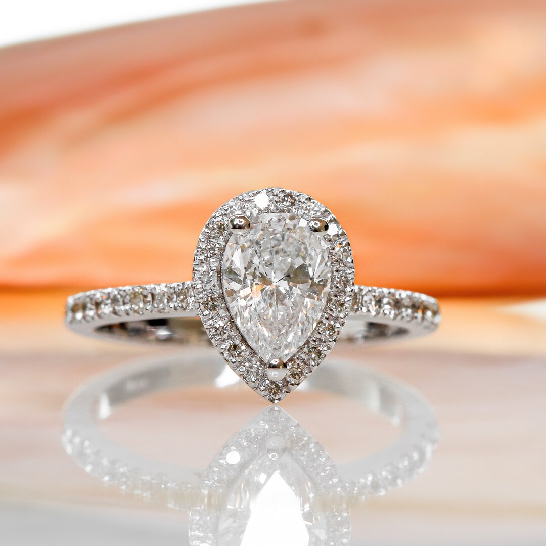 Pear Diamond Engagement Ring Pear Shaped Diamond Ring 14k White Gold Diamond Ring Halo