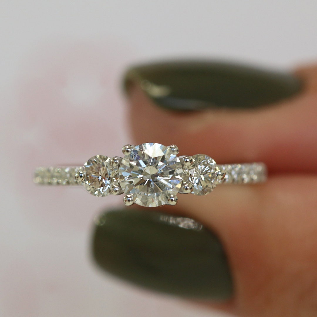 Three Diamond Engagement Ring, Cluster Engagement Ring, 14K White Gold ...