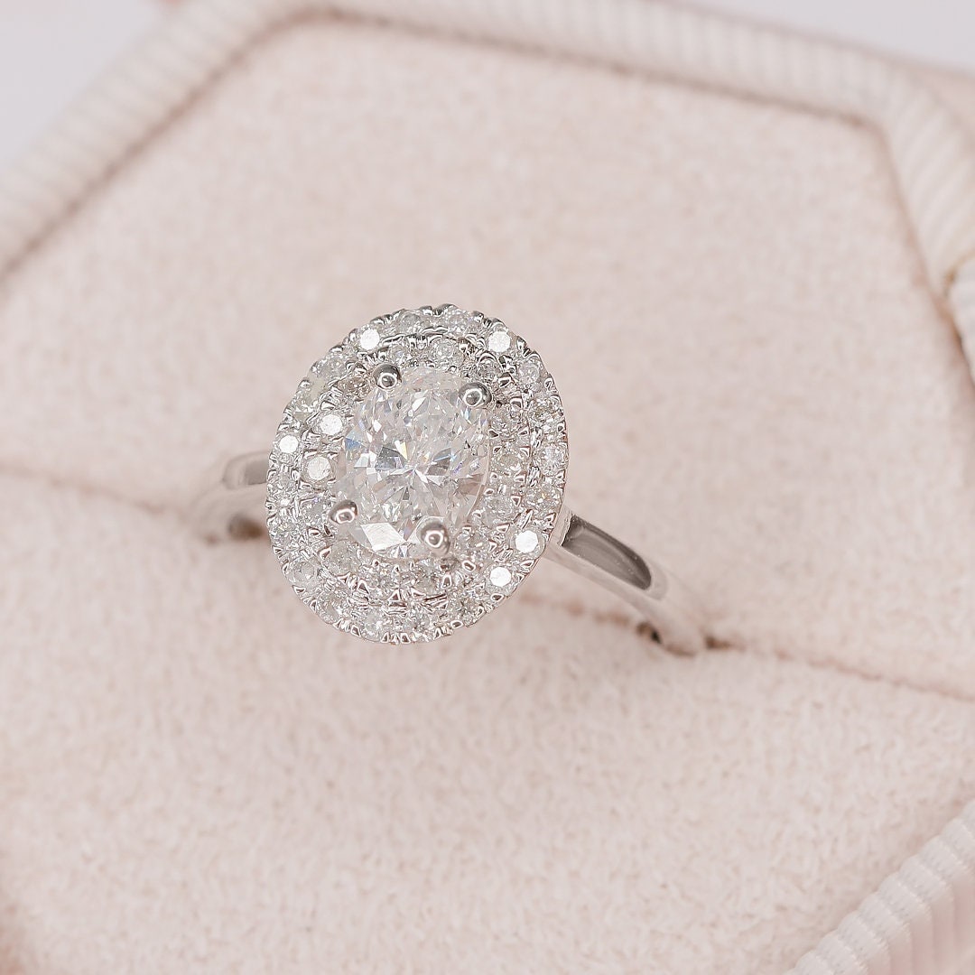 1 Carat Oval Diamond Ring, Double Halo Oval Diamond Ring, 14K White ...