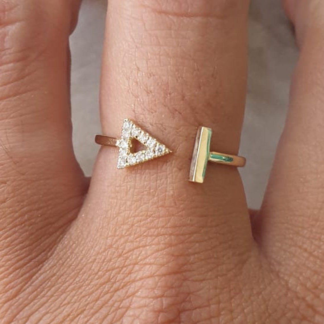 Open Diamond Ring Triangle Ring Delicate Ring Yellow Gold - Etsy