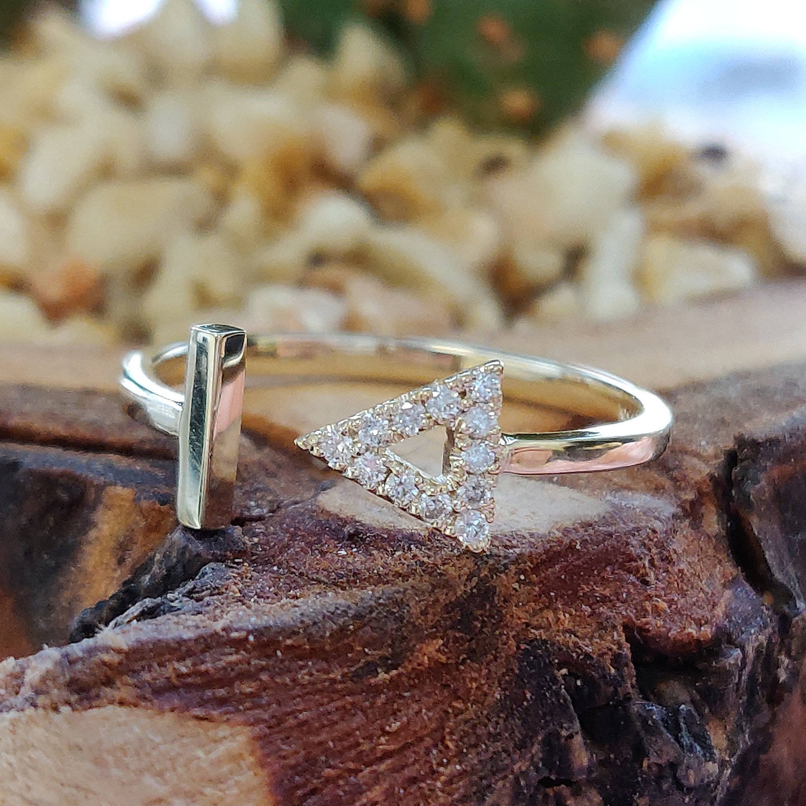 Open Diamond Ring Triangle Ring Delicate Ring Yellow Gold - Etsy