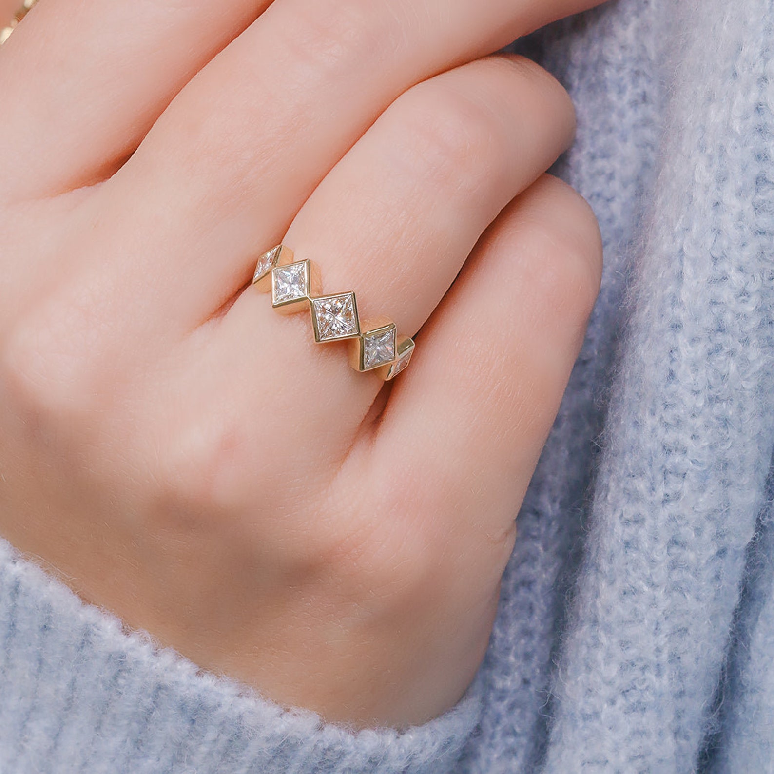 Princess Bezel, Five Stone Bezel Diamond Ring, Princess Cut Wedding ...