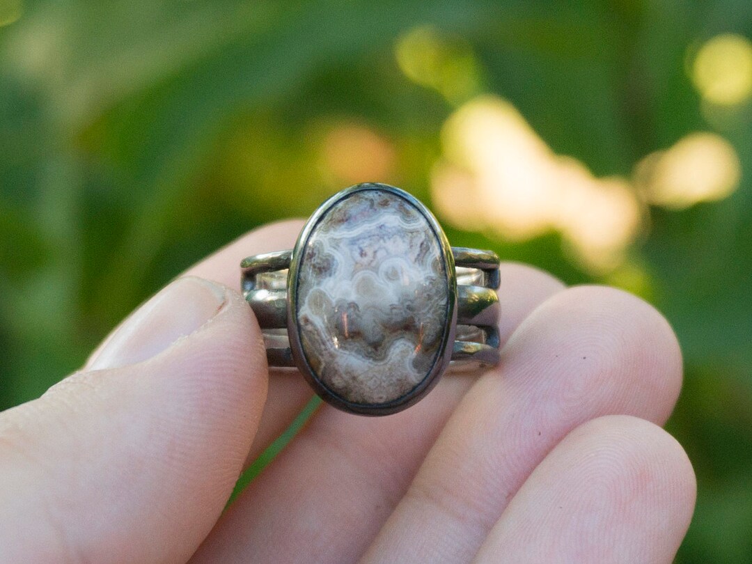 Handmade Statement Ring | Medium Grey Lace Agate Ring | Wide Band Ring ...