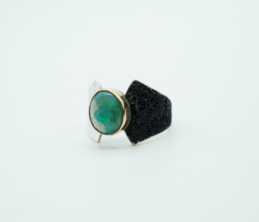 Reflection Ring | Balanced Lightning Ridge Opal Ring | Heavy Textured ...