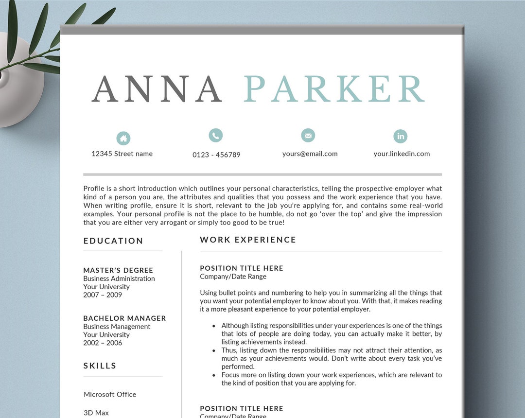 Modern Resume Template for Word, Apple Pages Resume, 1-2 Page Resume ...