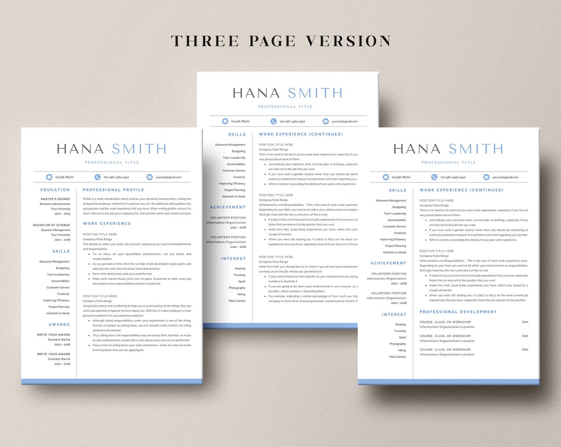 3 Pages Professional Resume Template for Word Cover Letter - Etsy