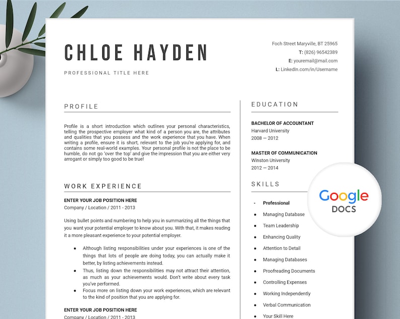GOOGLE DOCS Resume Template Word Professional Resume - Etsy