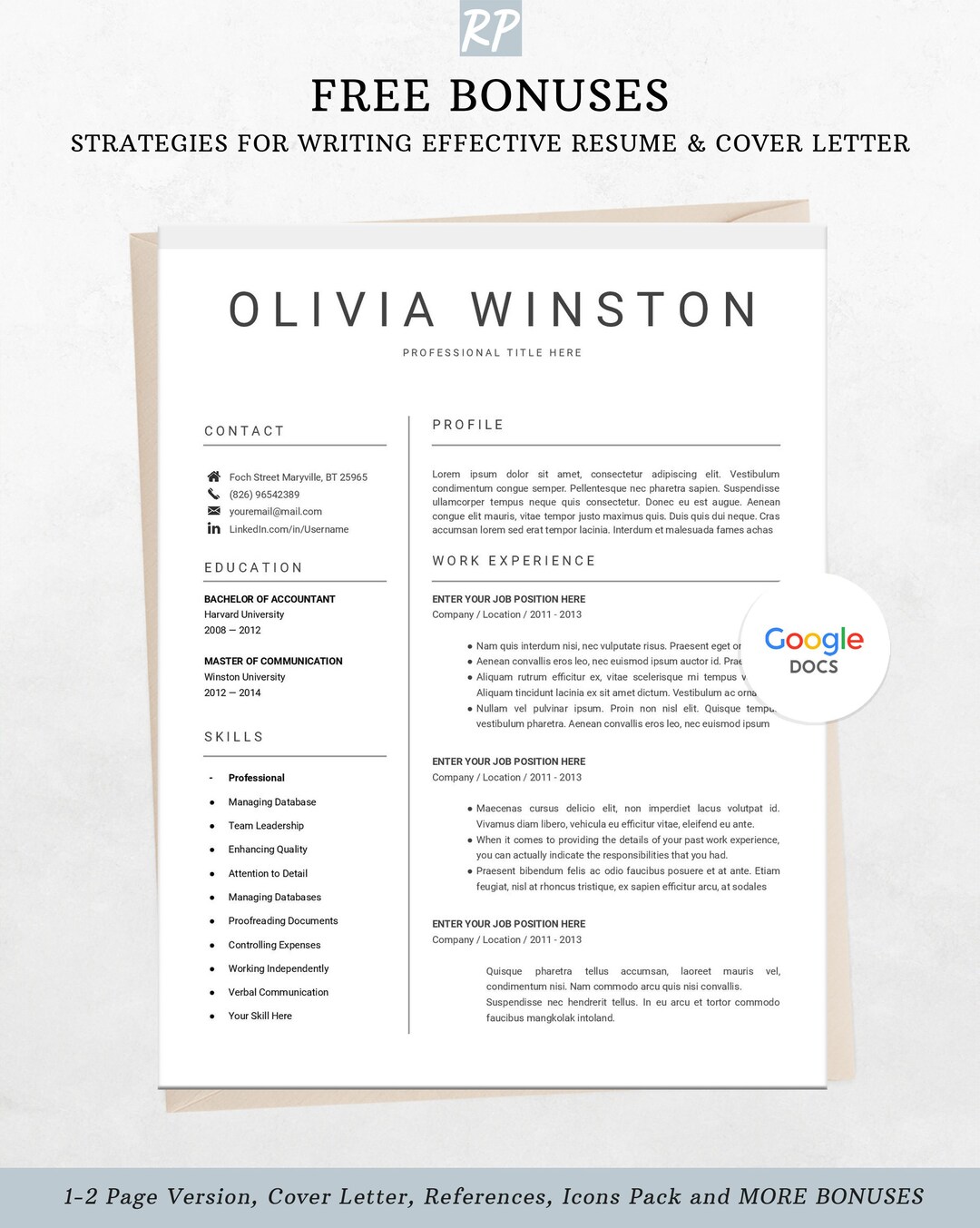Google Docs Modern Professional Clean Resume Template Creative Sorority ...