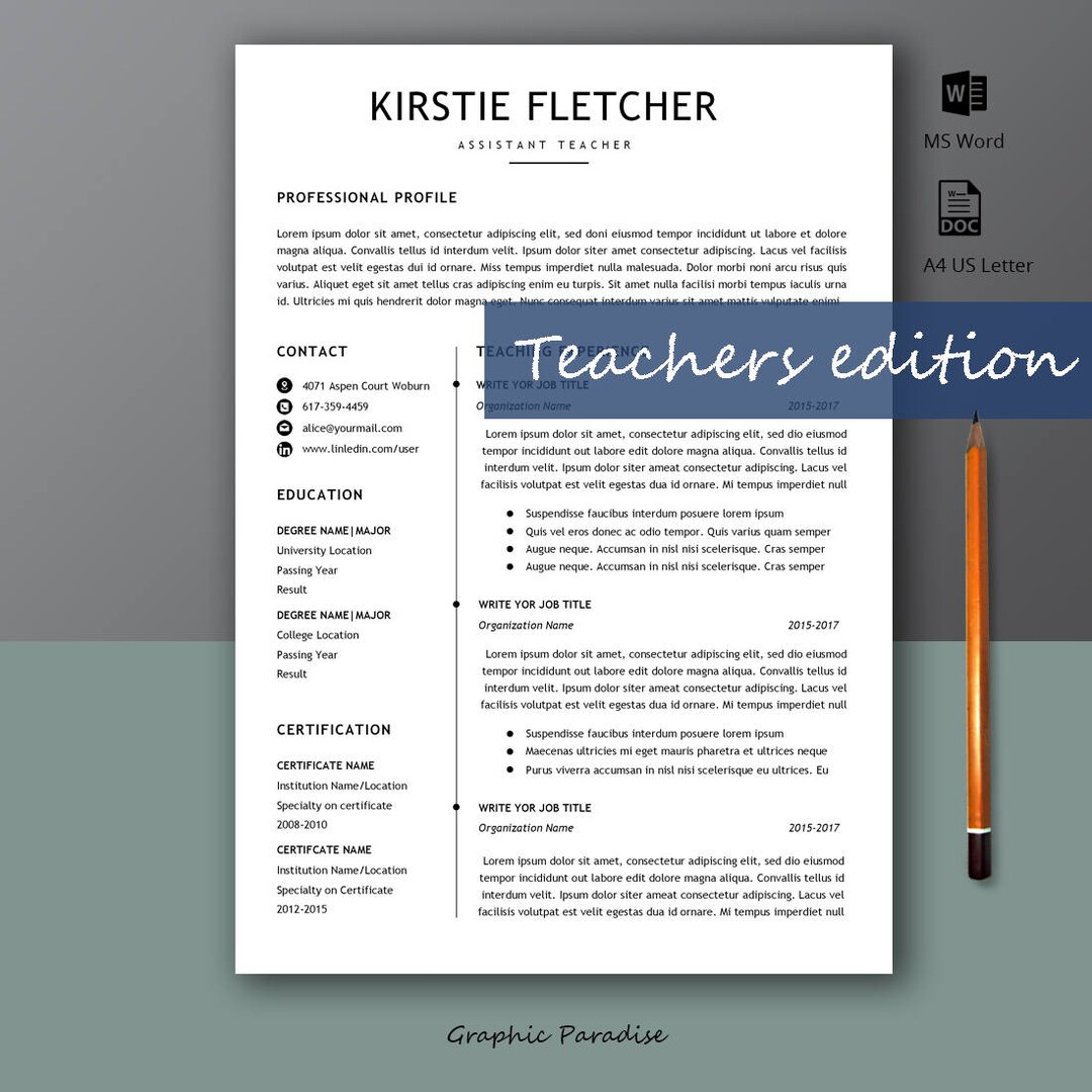 Resume Template, Teacher Resume Template, Teacher Resume Word,cv, CV ...