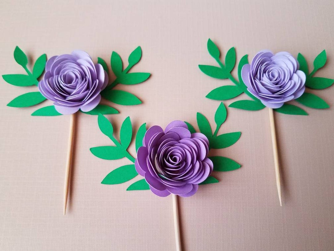 Set of 10 Purple Flower Topper W/leaves, Paper Flower, 3D Flowers ...