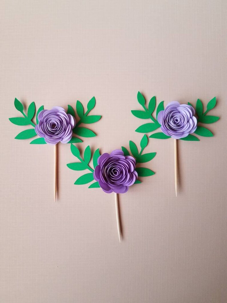 Set of 10 Purple Flower Topper W/leaves Paper Flower 3D - Etsy