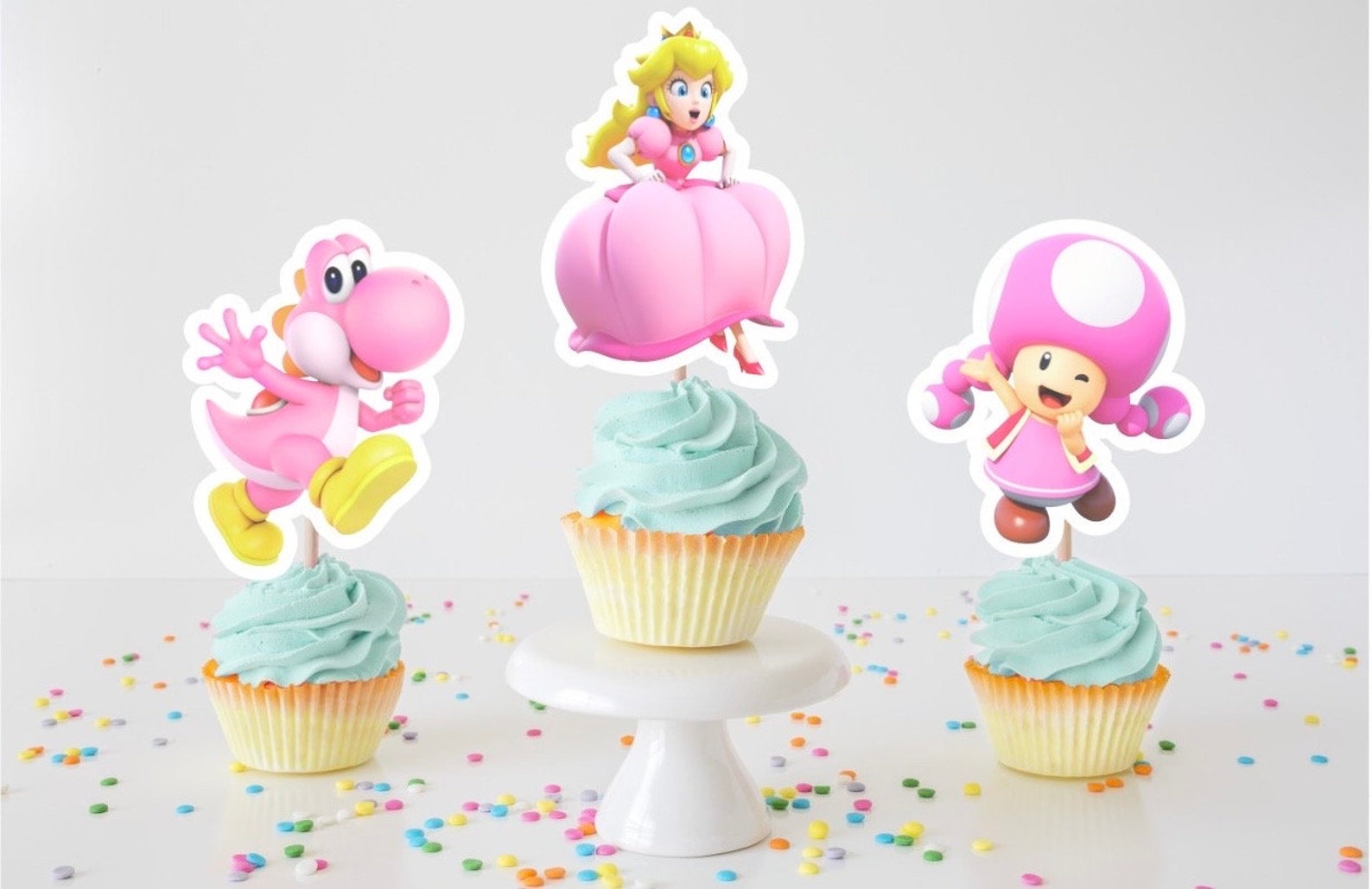 Princess Peach, Pink Yoshi and Toadette Cupcake Toppers, Peach Birthday ...