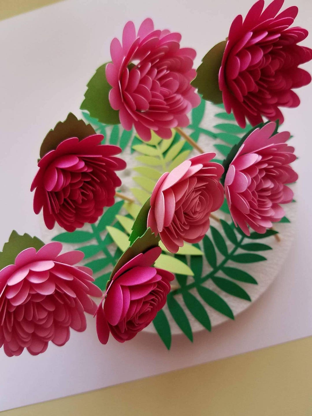 Set of 10 Pink Paper Flower Toppers W/leaves, 3D Paper Flowers, Pink ...