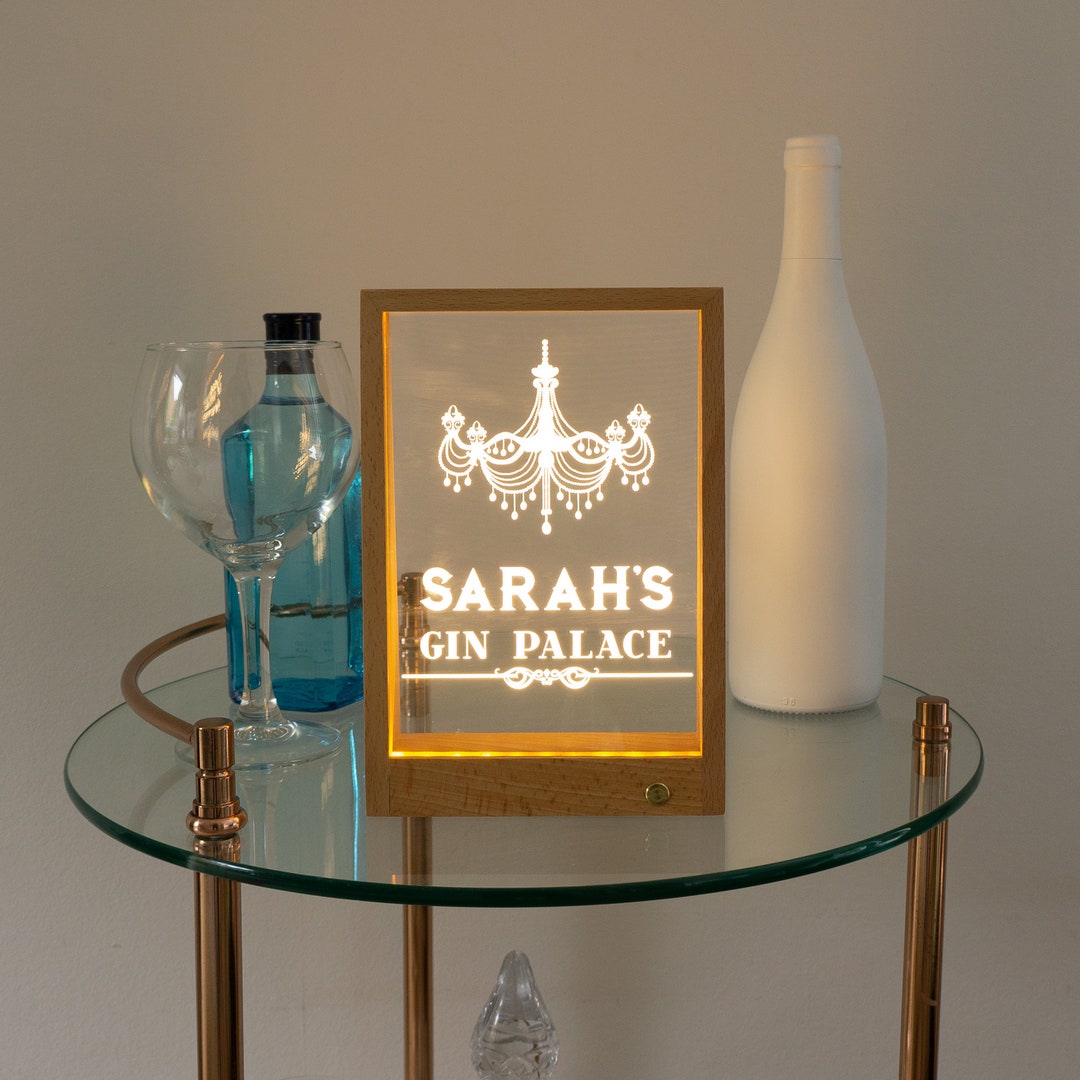 Personalised Rechargeable LED Frame Sign. Custom Engraved Gin Palace ...