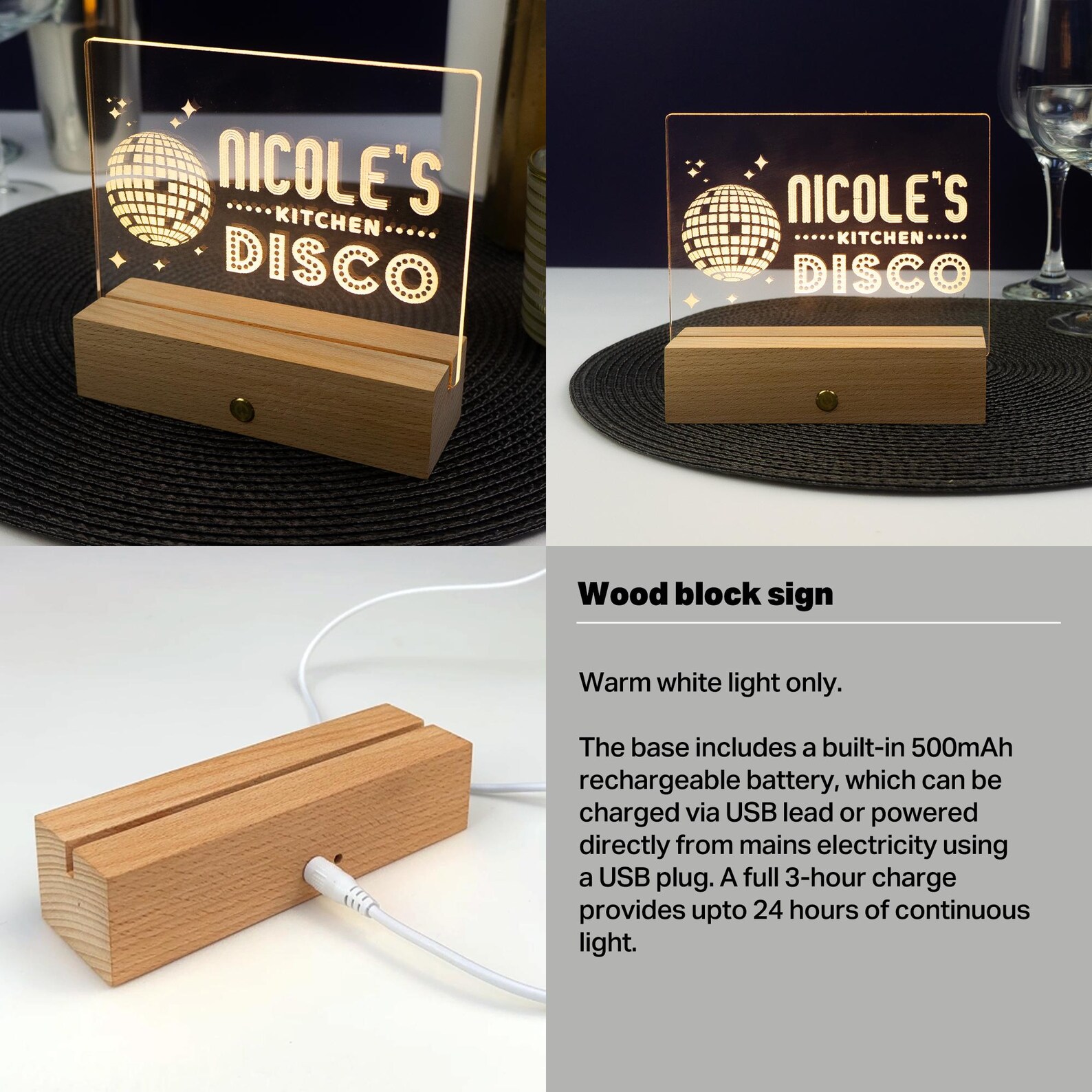 Personalised Kitchen Disco Light up LED Sign. Rechargeable Wireless ...