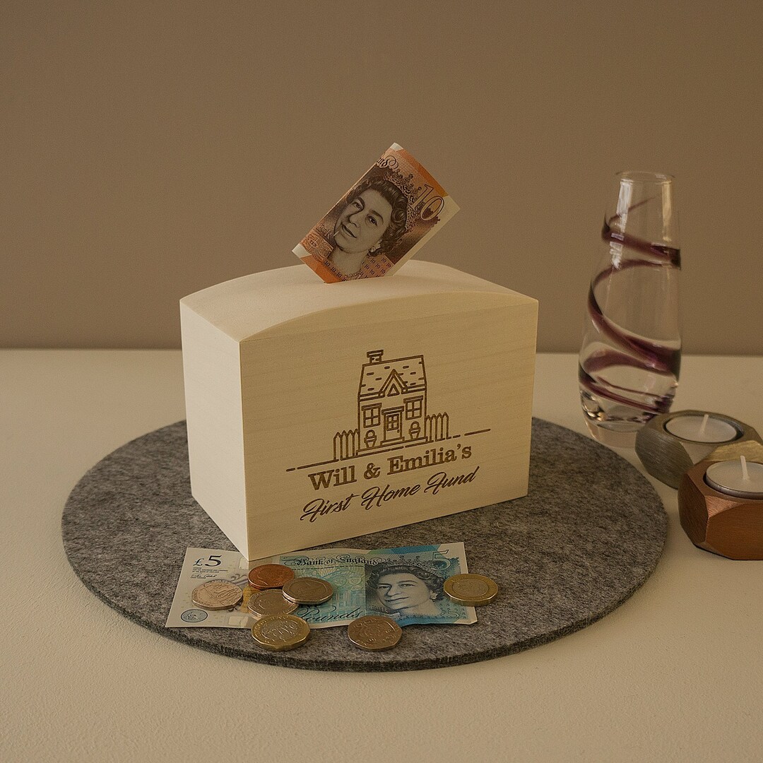 Personalised New Home Money Box. Custom Engraved Wooden Savings Funds ...