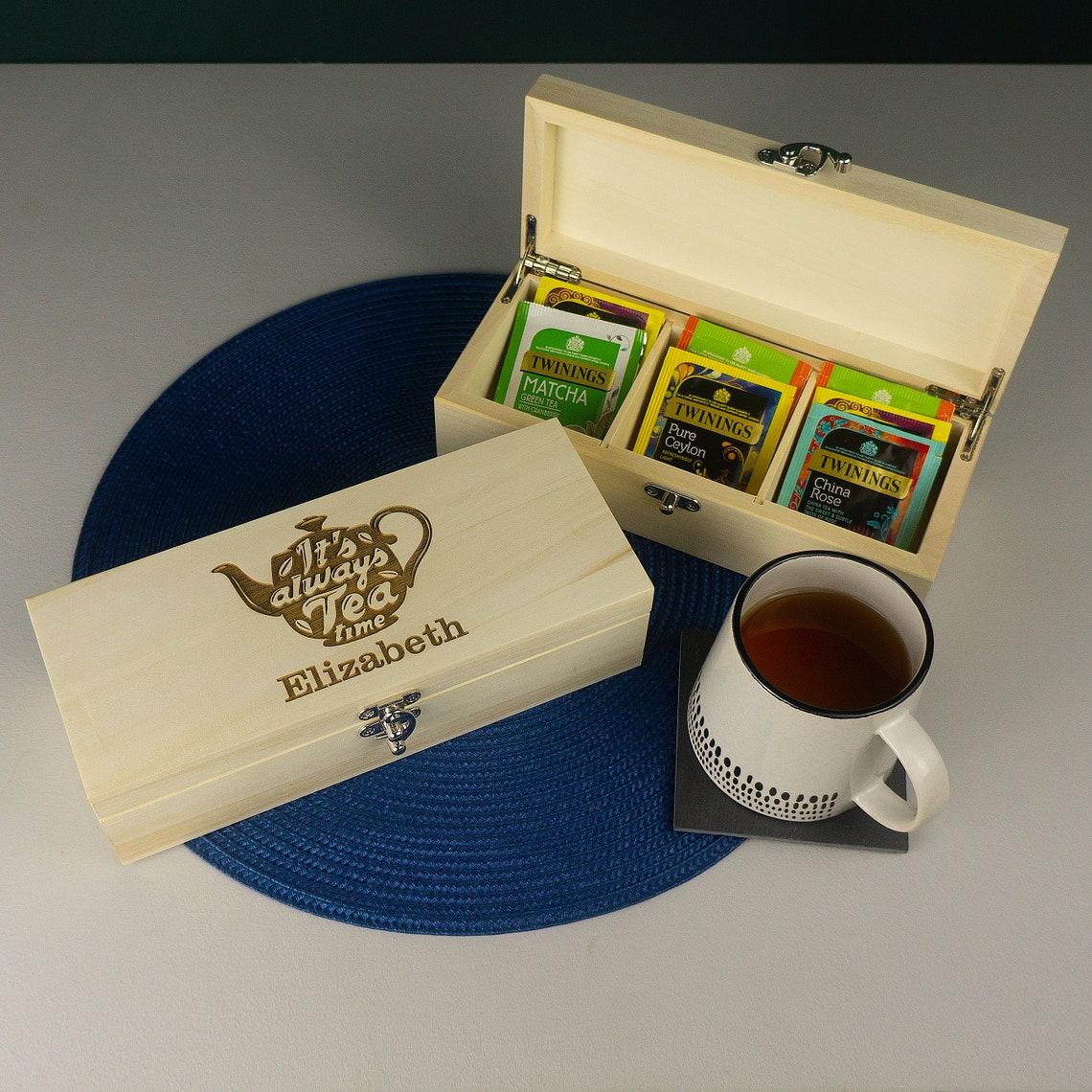 Personalised tea box. Engraved wooden tea caddy storage box. | Etsy