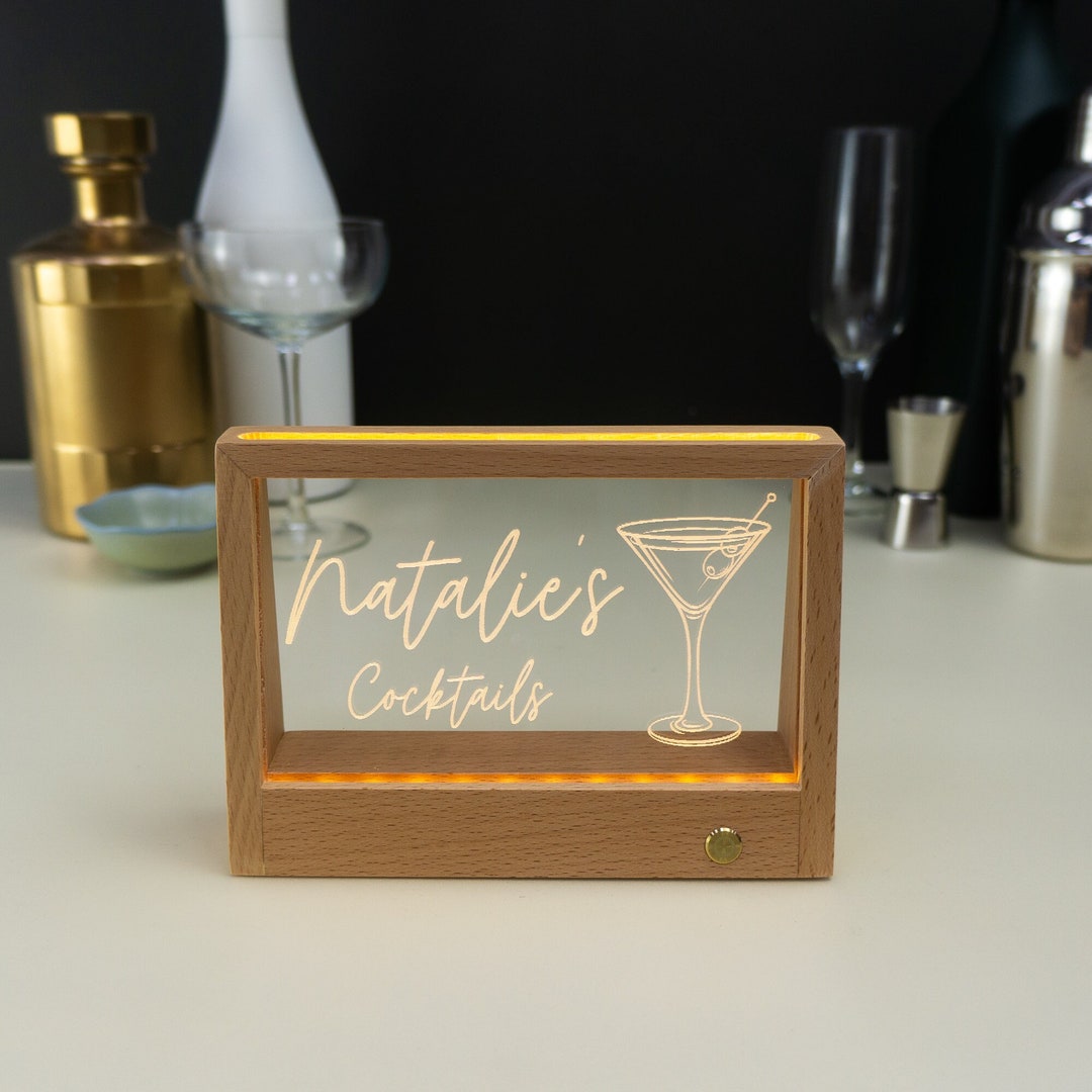 Personalised Light up Cocktail Bar Sign. Custom Engraved Rechargeable ...