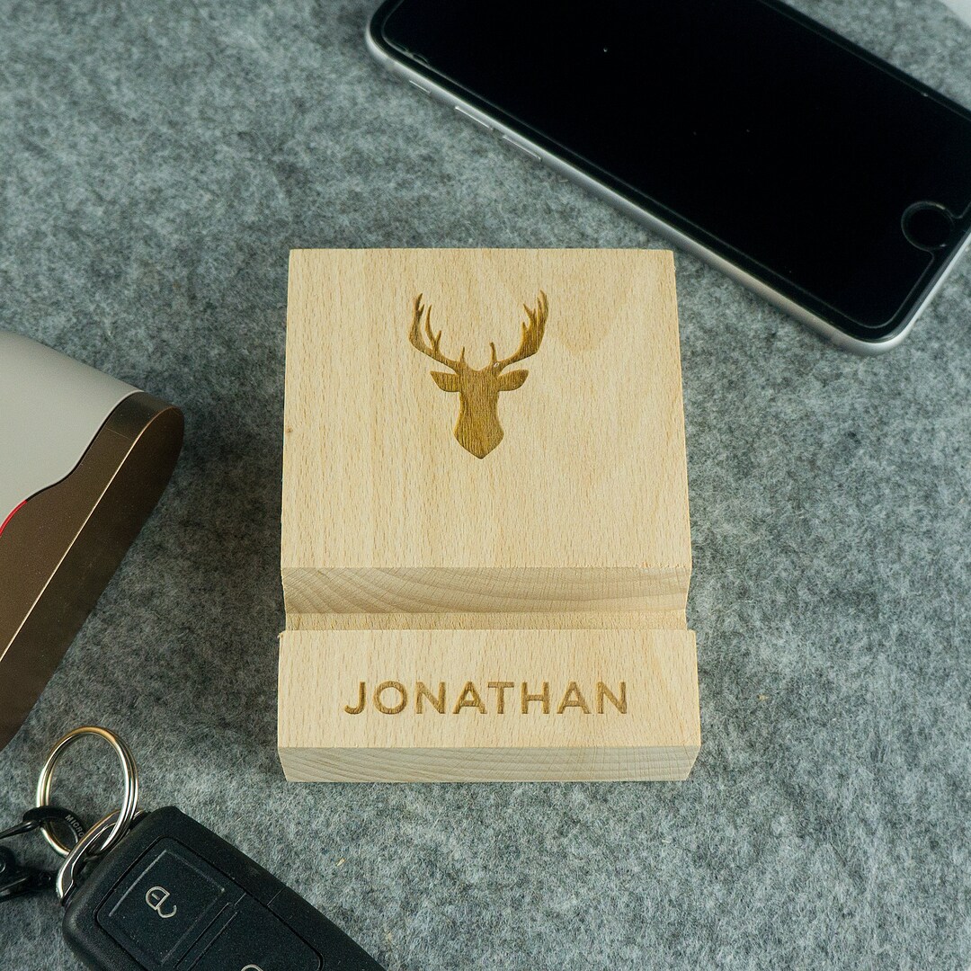 Personalised Mobile Phone Stand. Solid Oak Phone Holder With Stag Head ...