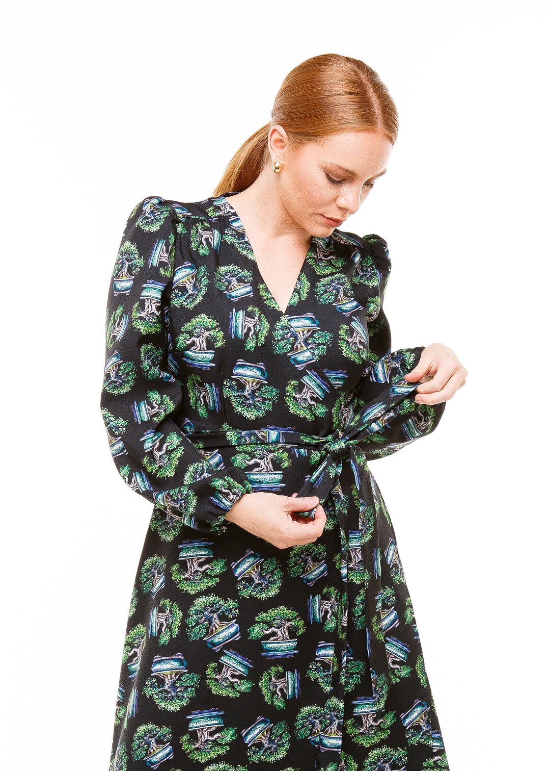 Misheru Wrap Dress in Bonsai Tree Print - Long Sleeve Wrap Dress ...
