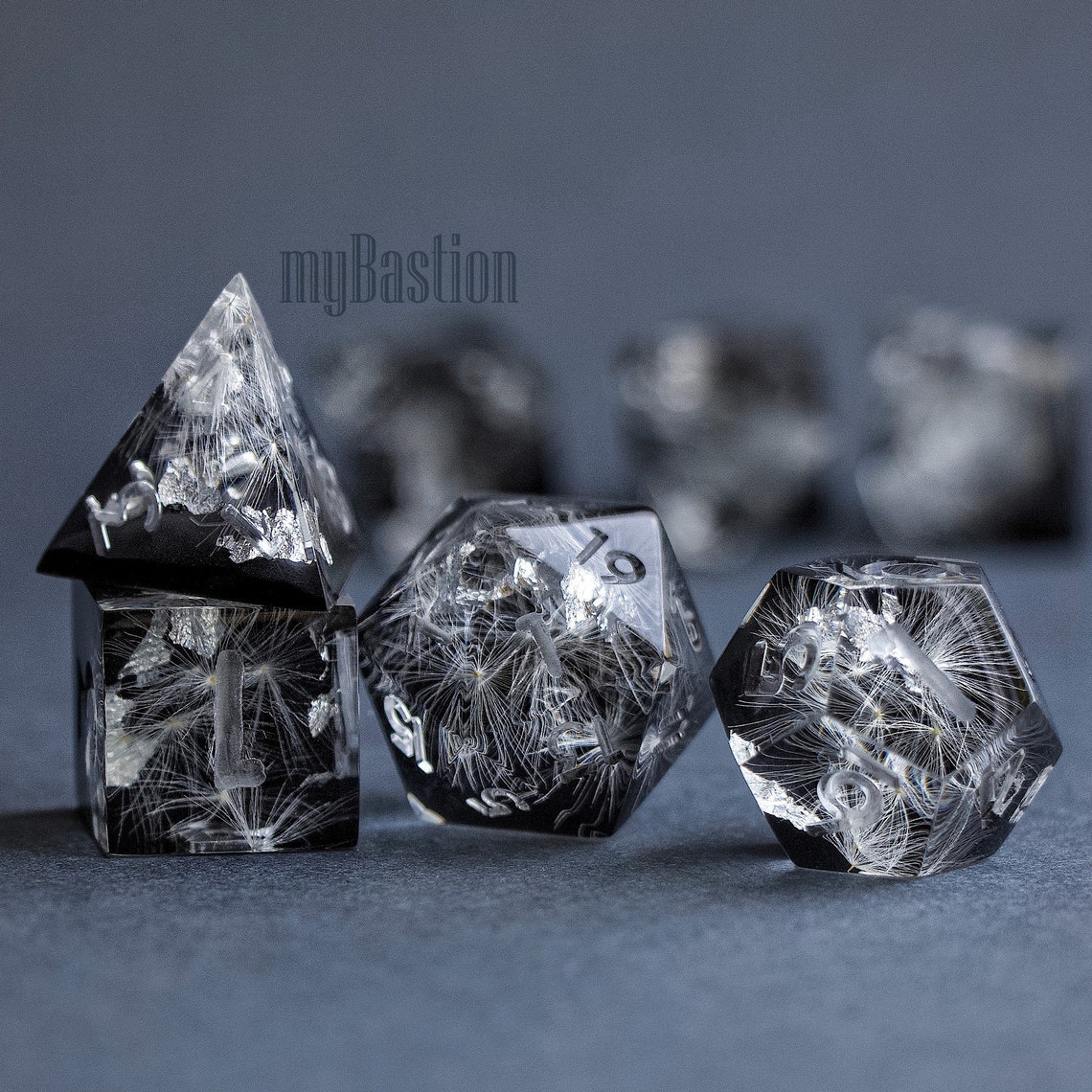Dandelion Seed Polyhedral Dice Set With Silver Leaf - Handmade RPG Dnd ...