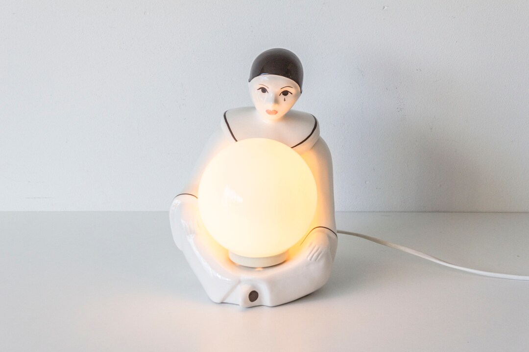 Vintage 80s Ceramic Pierrot Table Lamp With Glass Sphere - Unique ...