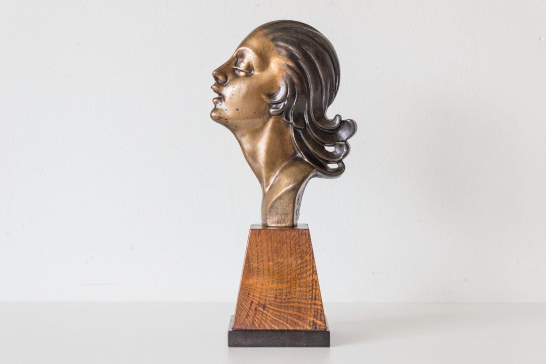 Art Deco Bronze Bust – Streamlined Female Head on Wood Base – Signed ...