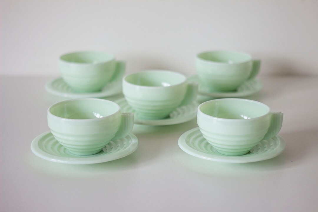 Vintage Set of 5 French Art Deco Green Jadeite Demi-cup Cups and ...