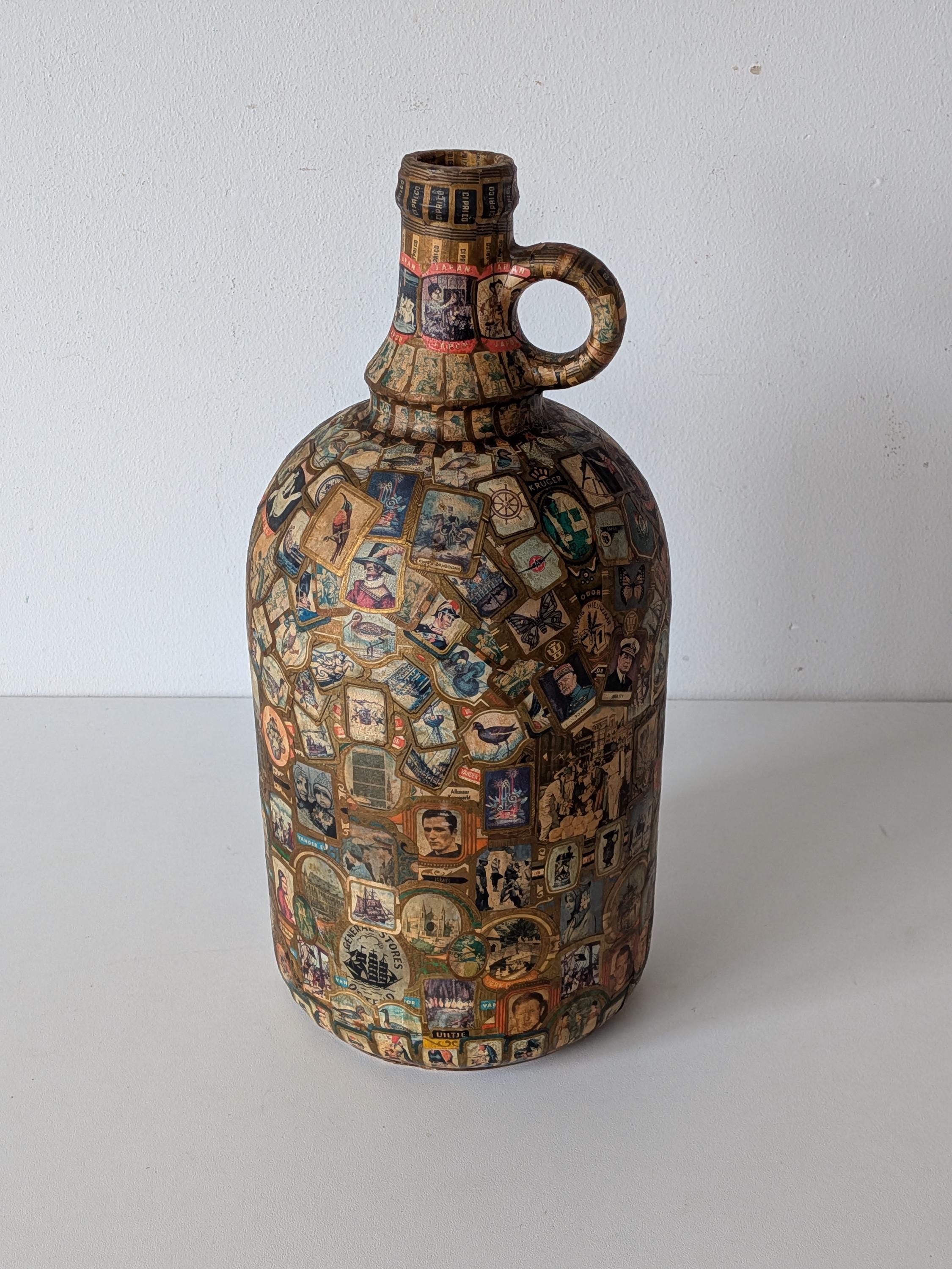Vintage Decoupage Bottle • Mid-century Folk Art Collage - Etsy
