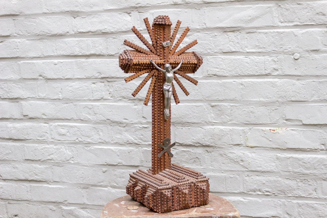 Early 20th Century Tramp Art Crucifix, Handmade Chip Carved Wooden ...