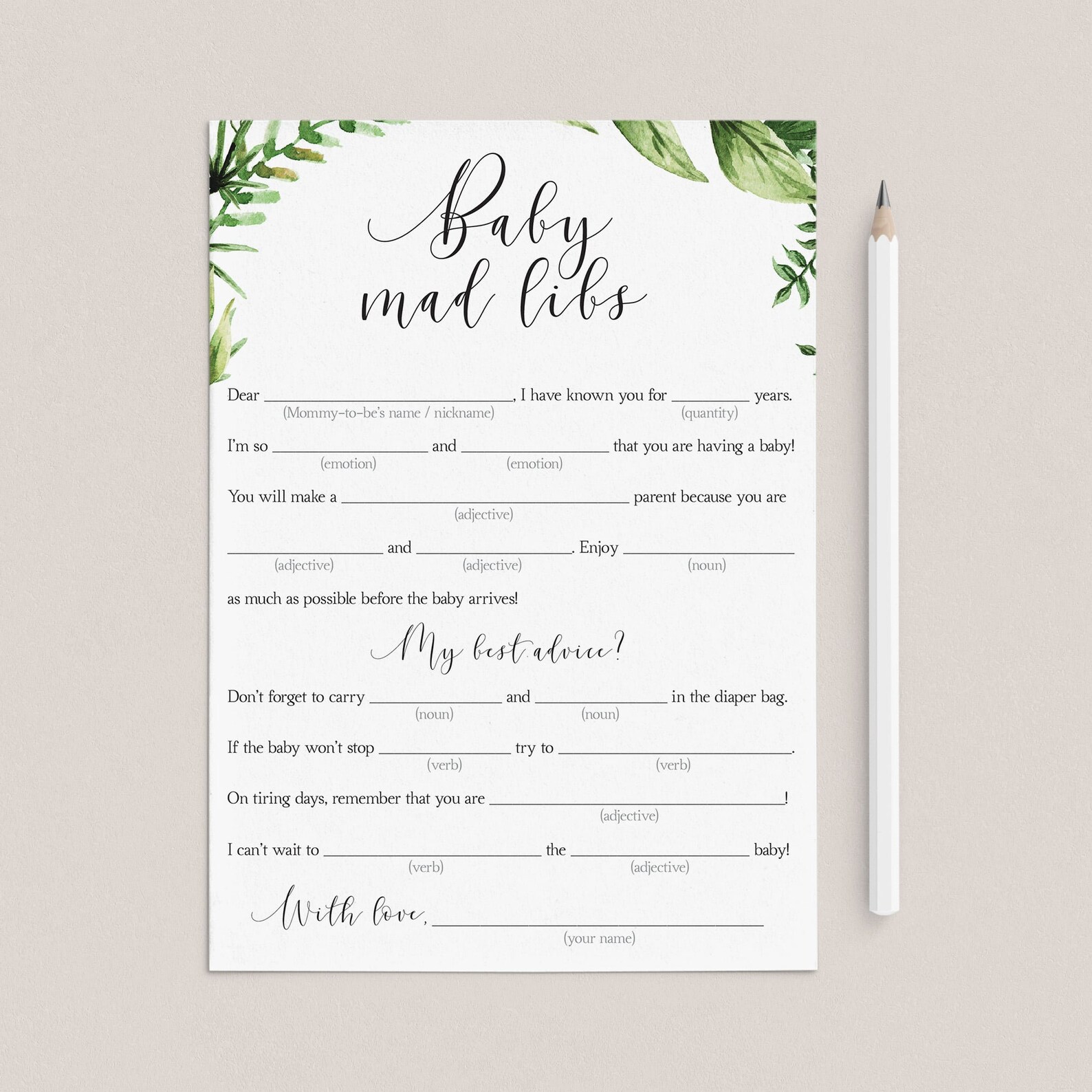 Baby Shower Mad Libs Game Greenery Babyshower Games Printable | Etsy