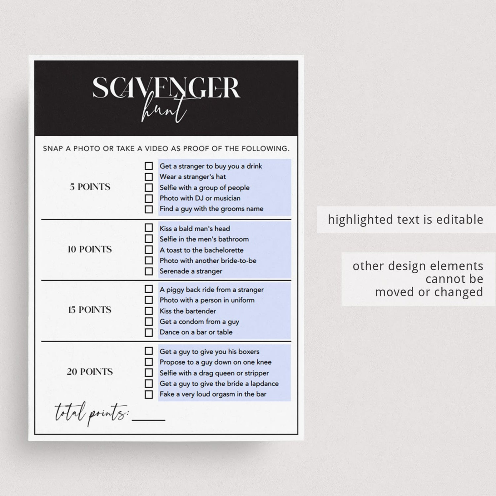 Bachelorette Scavenger Hunt Template Minimalist Bachelorette Party ...