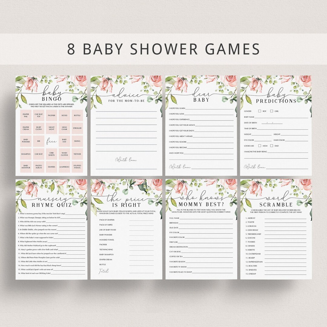 Watercolor Floral Baby Shower Games Bundle Printable Download Blush ...