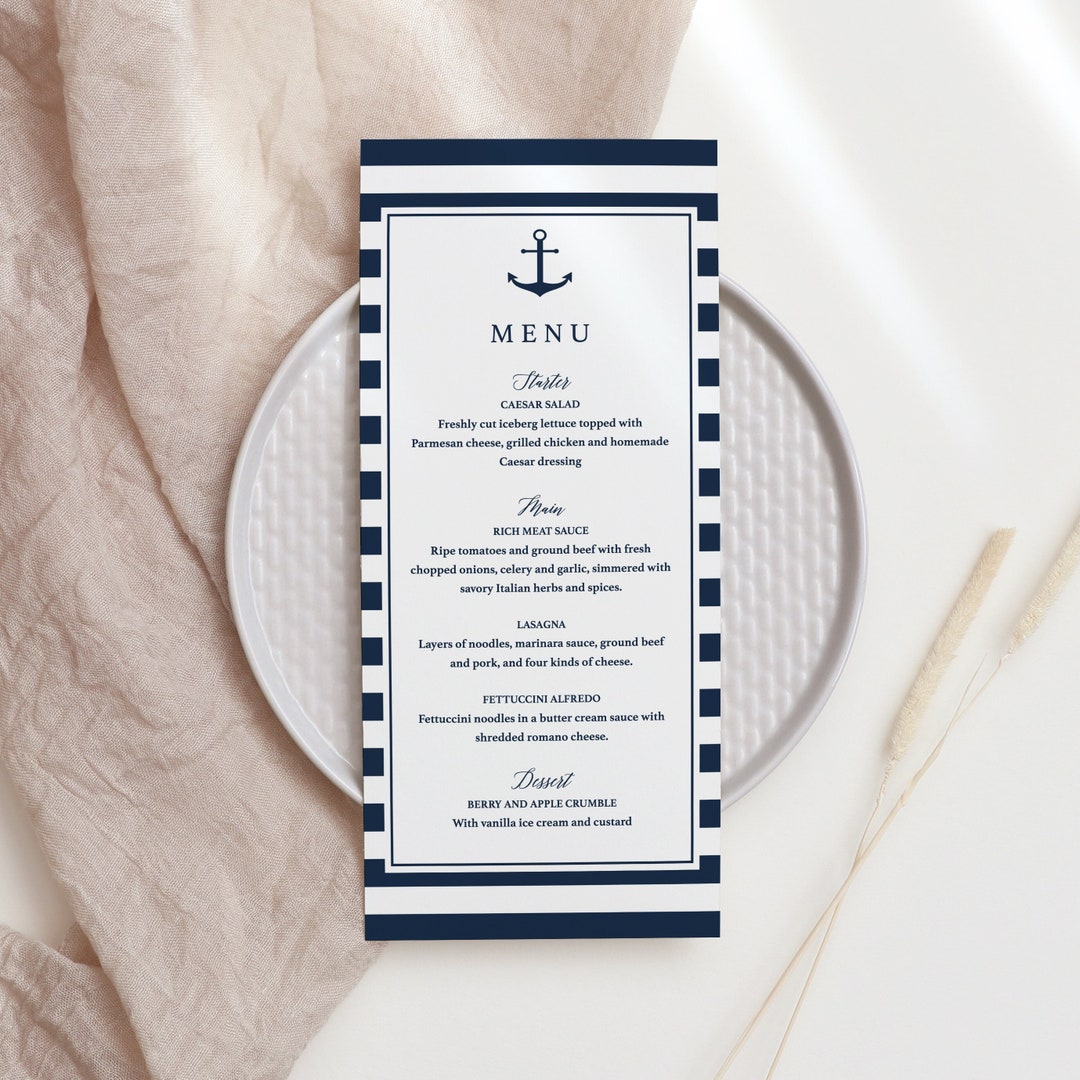 Nautical Menu Template Sailor Baby Shower Decorations Nautical Wedding ...