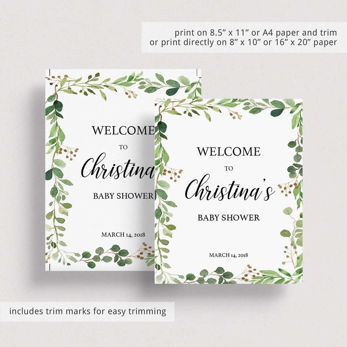 Green Baby Shower Welcome Sign Instant Download, Greenery Welcome Sign ...