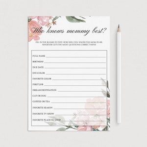 Watercolor Flowers Baby Shower Game Who Knows Mommy Best Game Digital ...