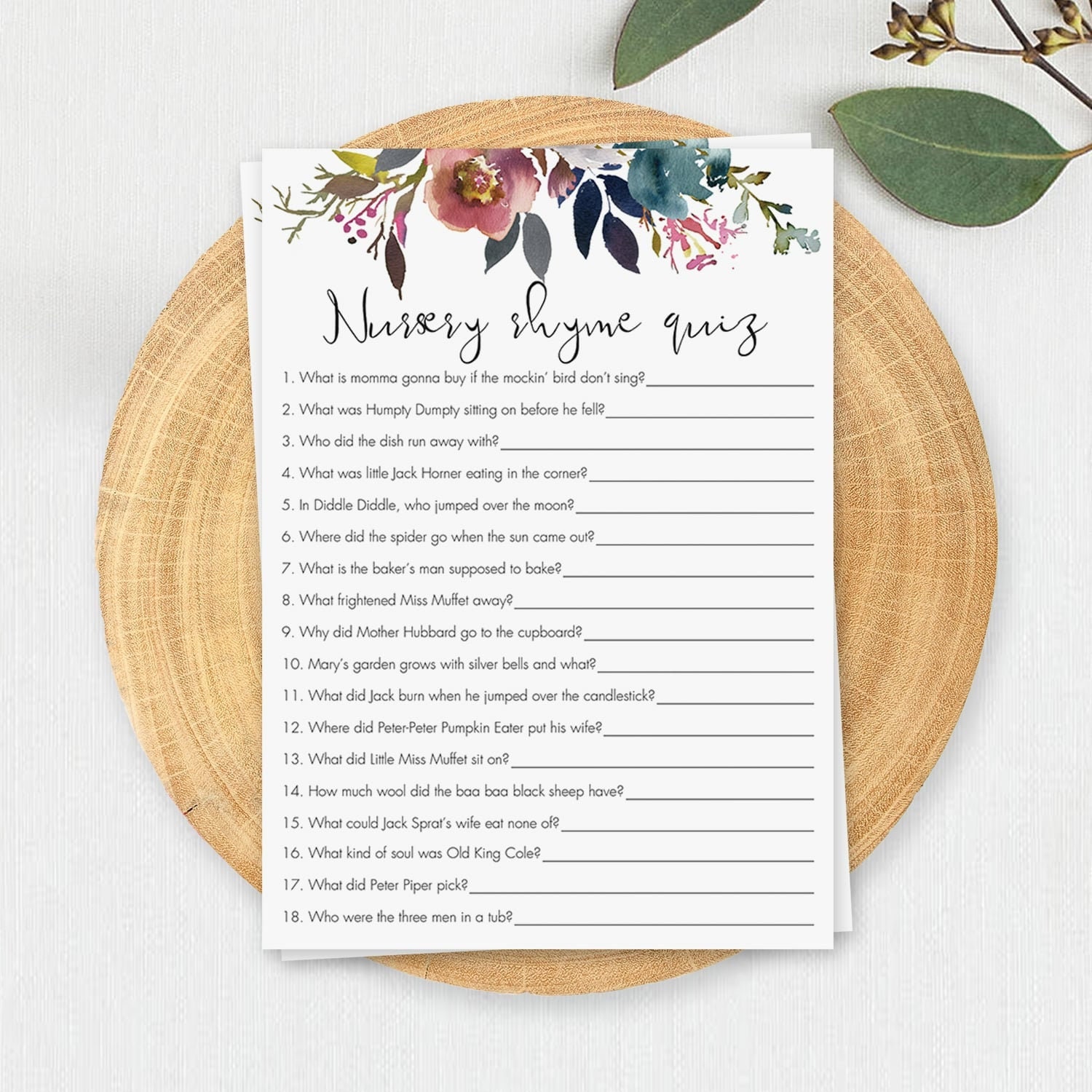 Baby Shower Nursery Rhyme Quiz Game Cards Printables Spring | Etsy