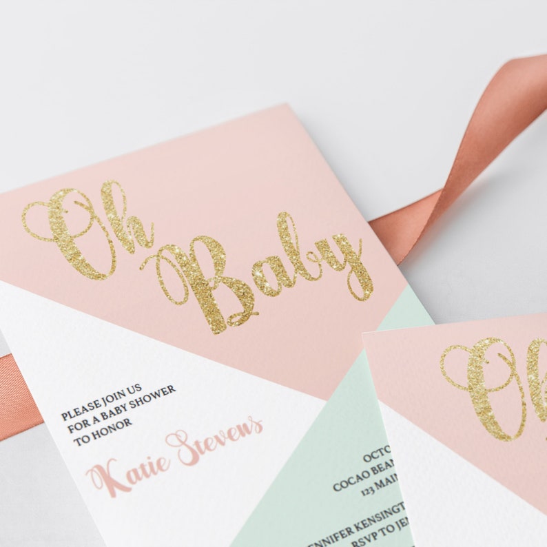 Oh Baby Invitation Girl Printable Mint and Coral Baby Shower | Etsy