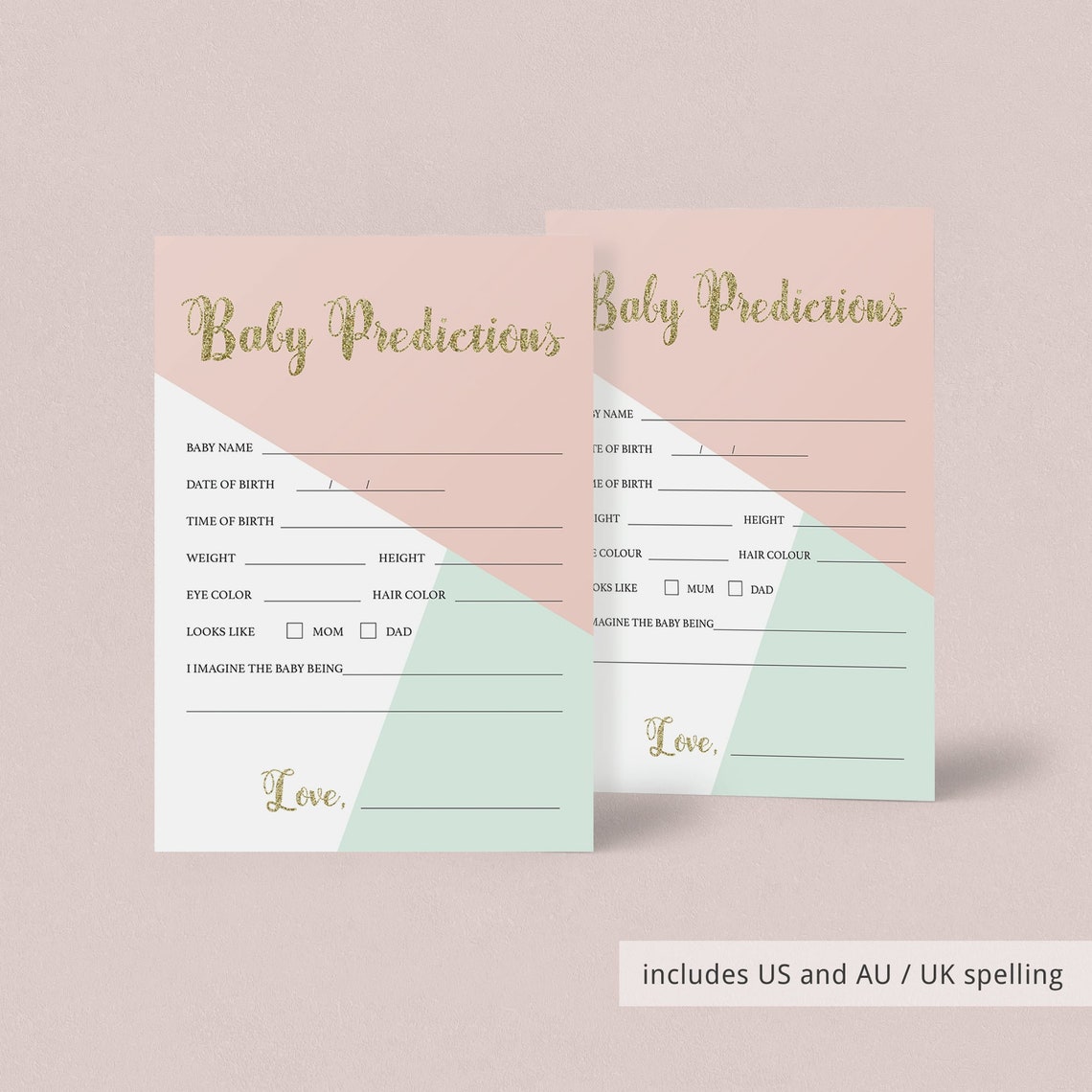 Printable Baby Prediction Cards Pink Mint Gold Baby Shower | Etsy