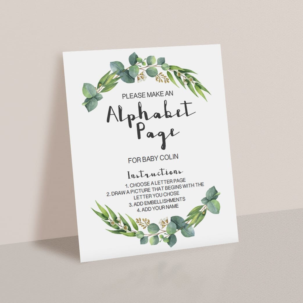 Greenery ABC Book Baby Shower Sign Printable Watercolour | Etsy
