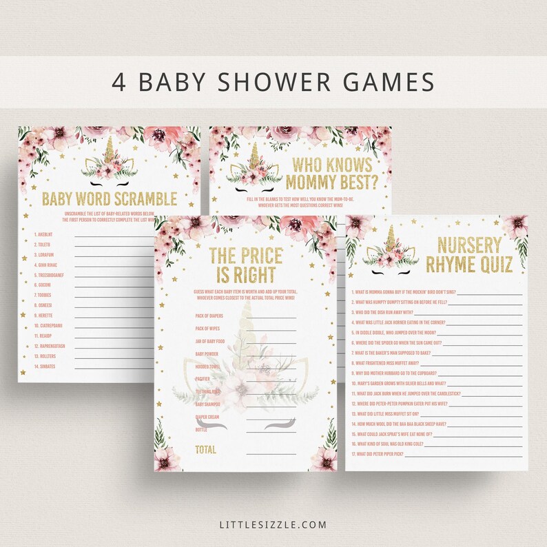 Gold Unicorn Baby Shower Games Set Floral Games for Baby Shower Unicorn ...