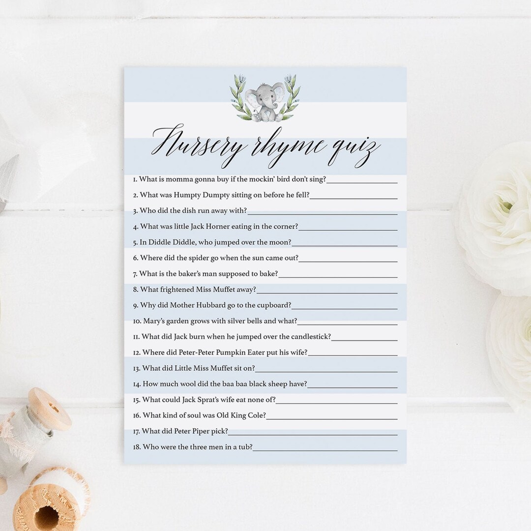 Baby Elephant Nursery Rhyme Game Baby Shower Elephant Game Blue Baby ...