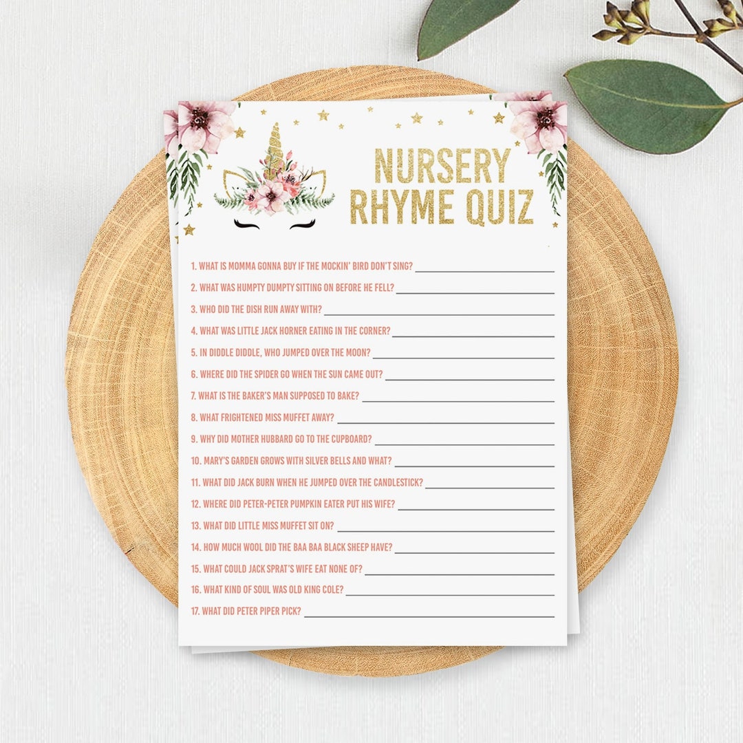 Nursery Rhyme Baby Shower Game Unicorn Nursery Rhyme Quiz Floral ...