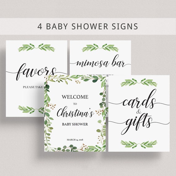 Watercolor Green Leaves Baby Shower Sign Package Greenery | Etsy