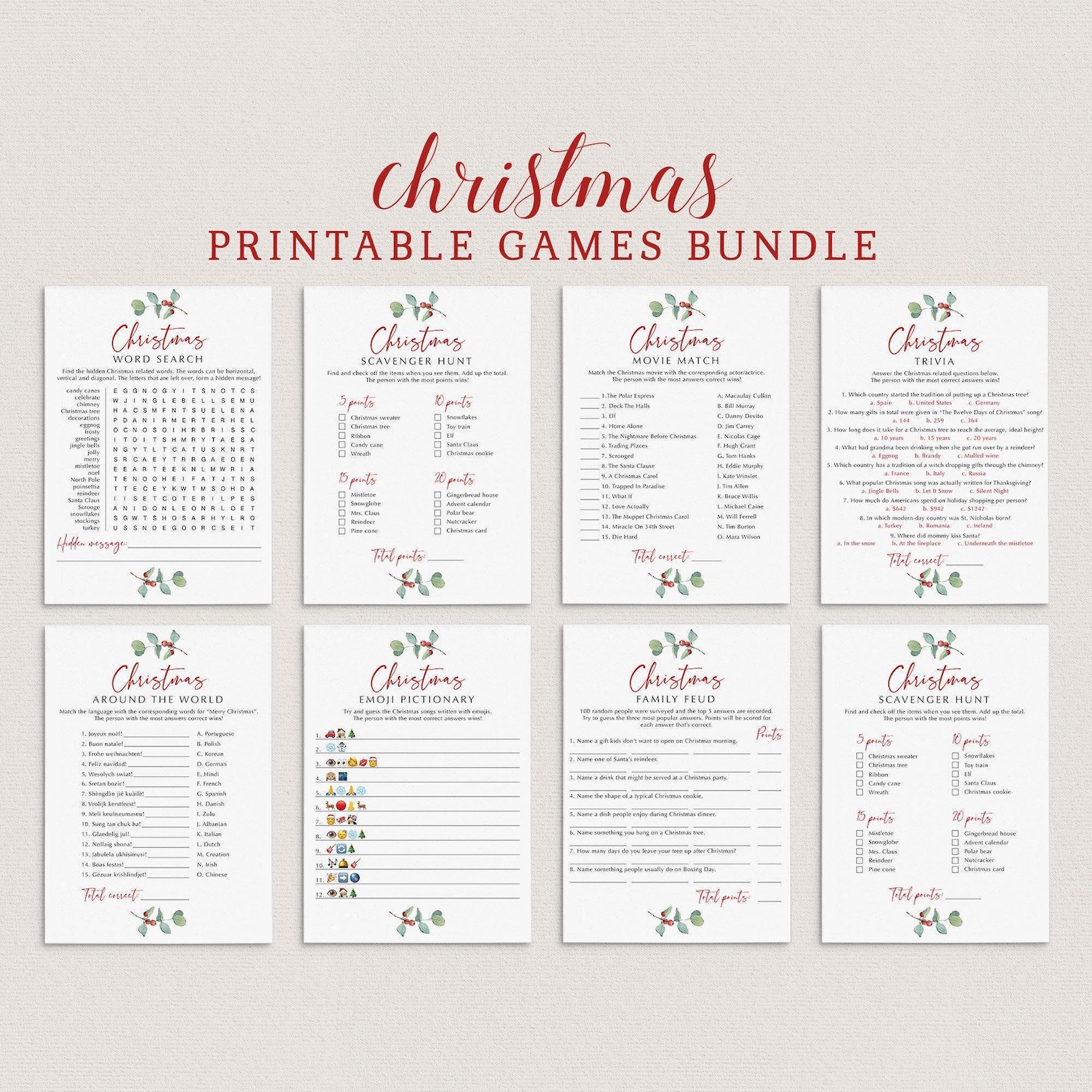 Christmas Games Bundle Printable Holiday Party Games Family Christmas ...