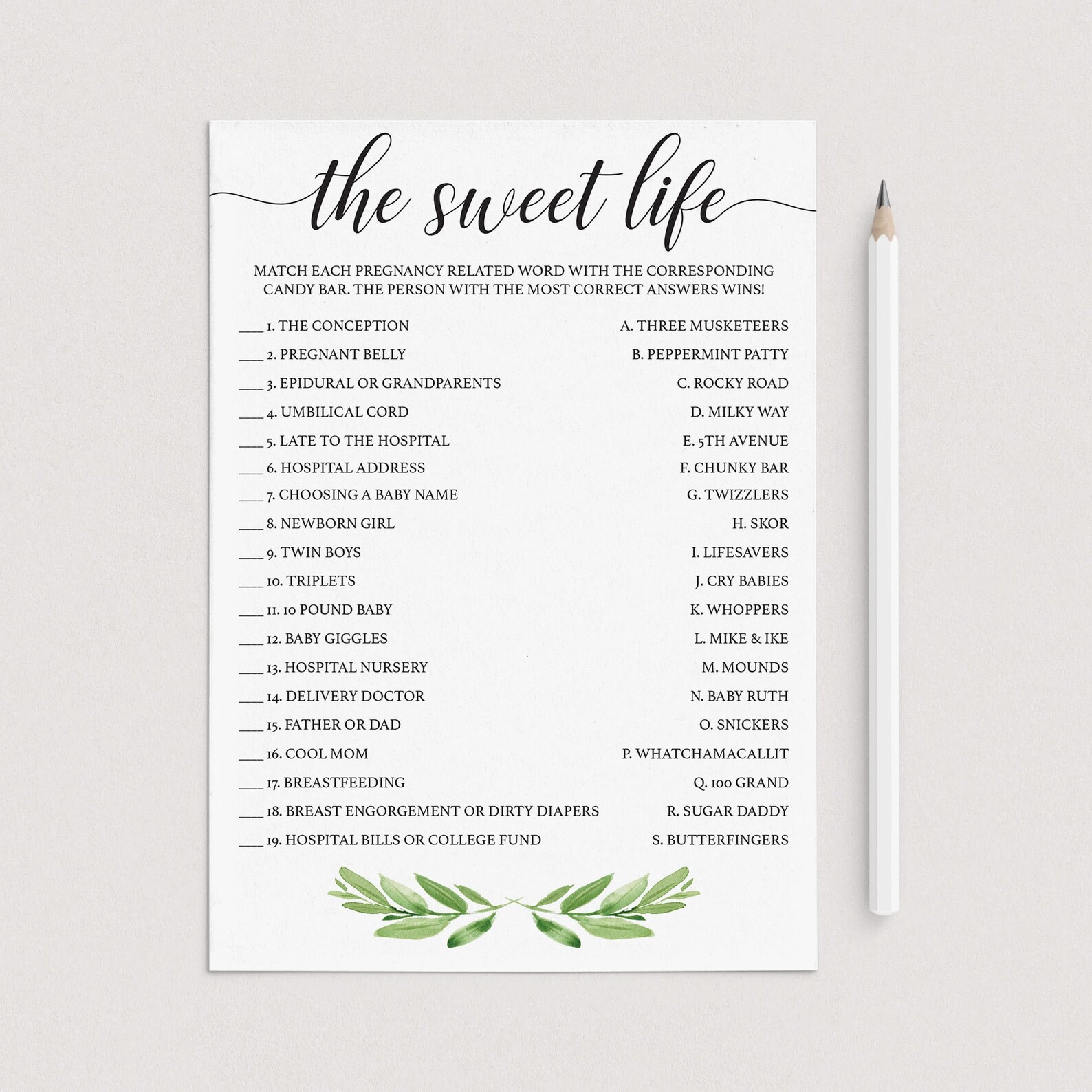 Candy Match Baby Shower Game Pregnancy Candy Bar Game Greenery | Etsy