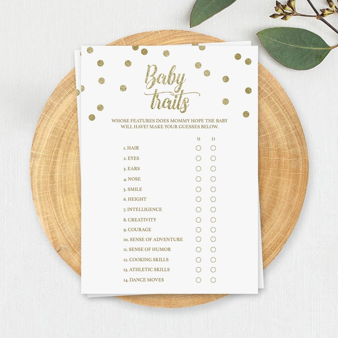 Gold Baby Shower Baby Traits Game Card Confetti Baby Trait Printable ...
