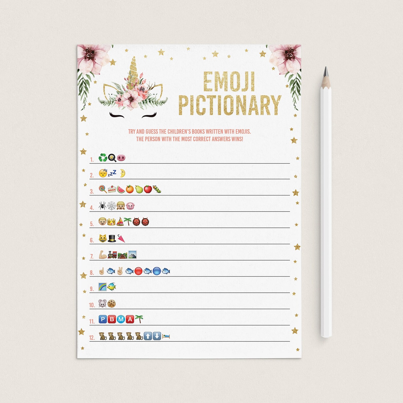 Floral Unicorn Baby Shower Games Pack Printable White Pink and Gold ...
